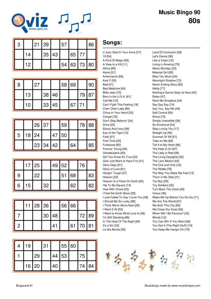 80s - Music Bingo 90 - Qviz Musicbingos