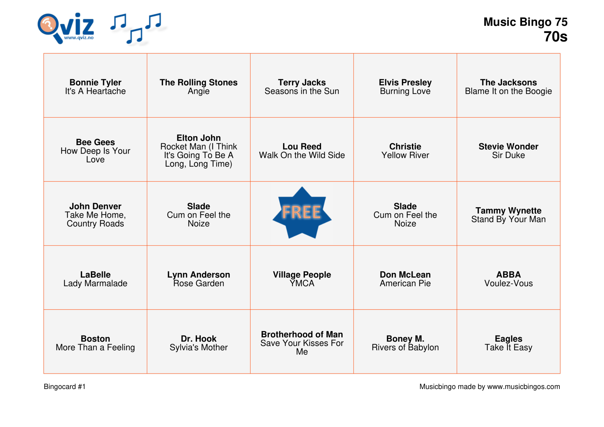 70s - Music Bingo 75 - Qviz Musicbingos