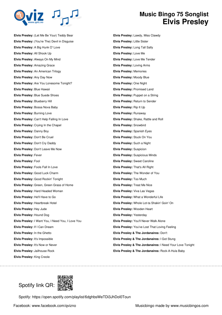 Elvis Presley - Music Bingo 75 - Qviz Musicbingos