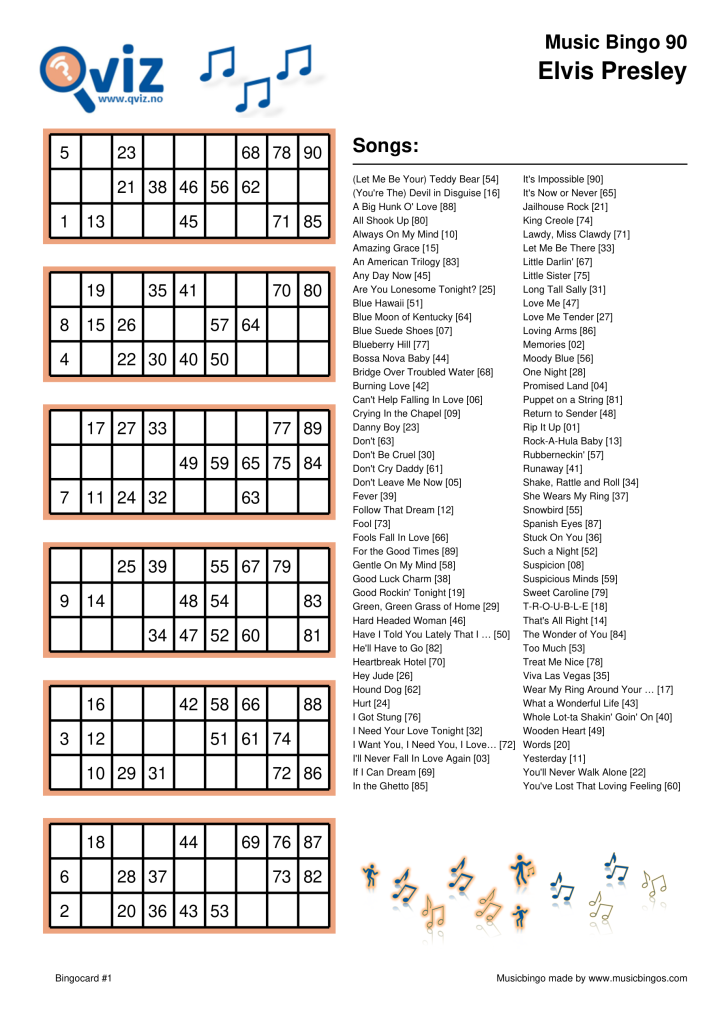 Elvis Presley - Music Bingo 90 - Qviz Musicbingos