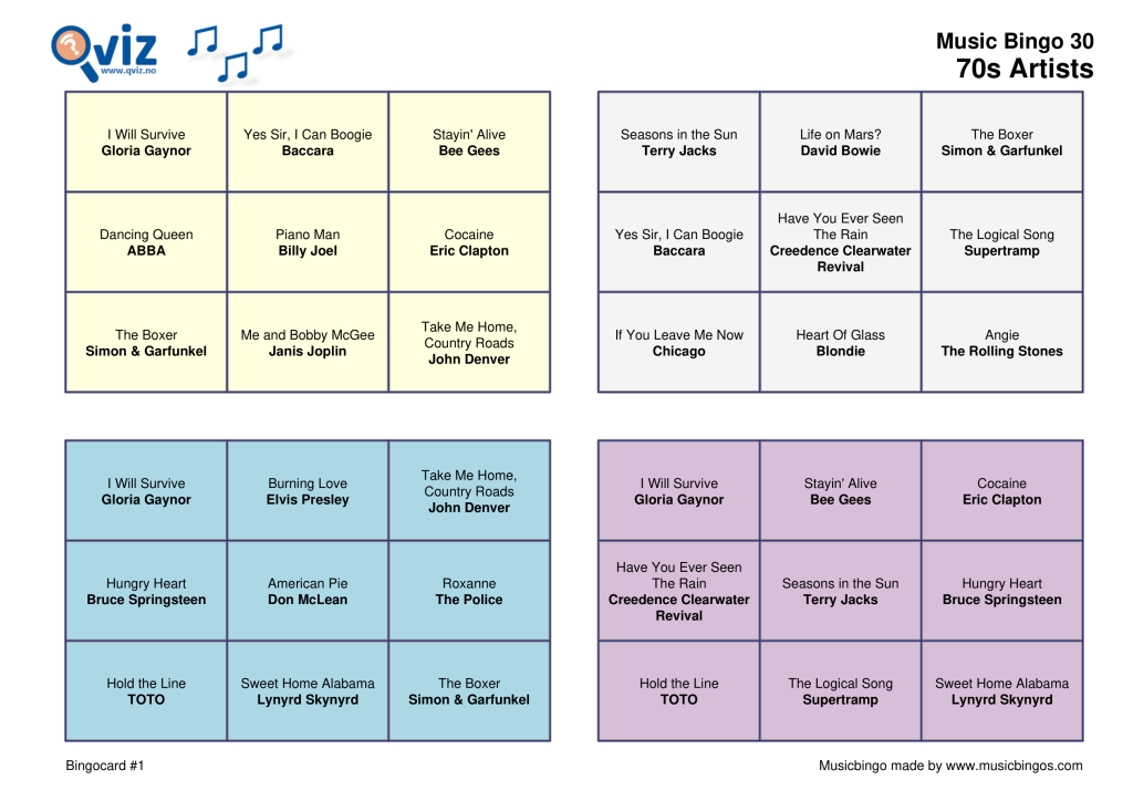 70s Artists - Music Bingo 30 - Qviz Musicbingos