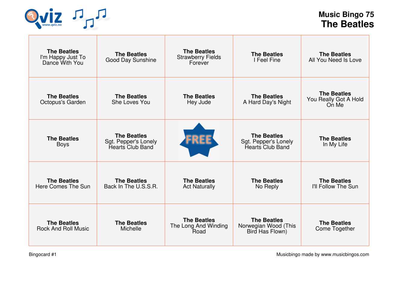 The Beatles - Music Bingo 75 - Qviz Musicbingos
