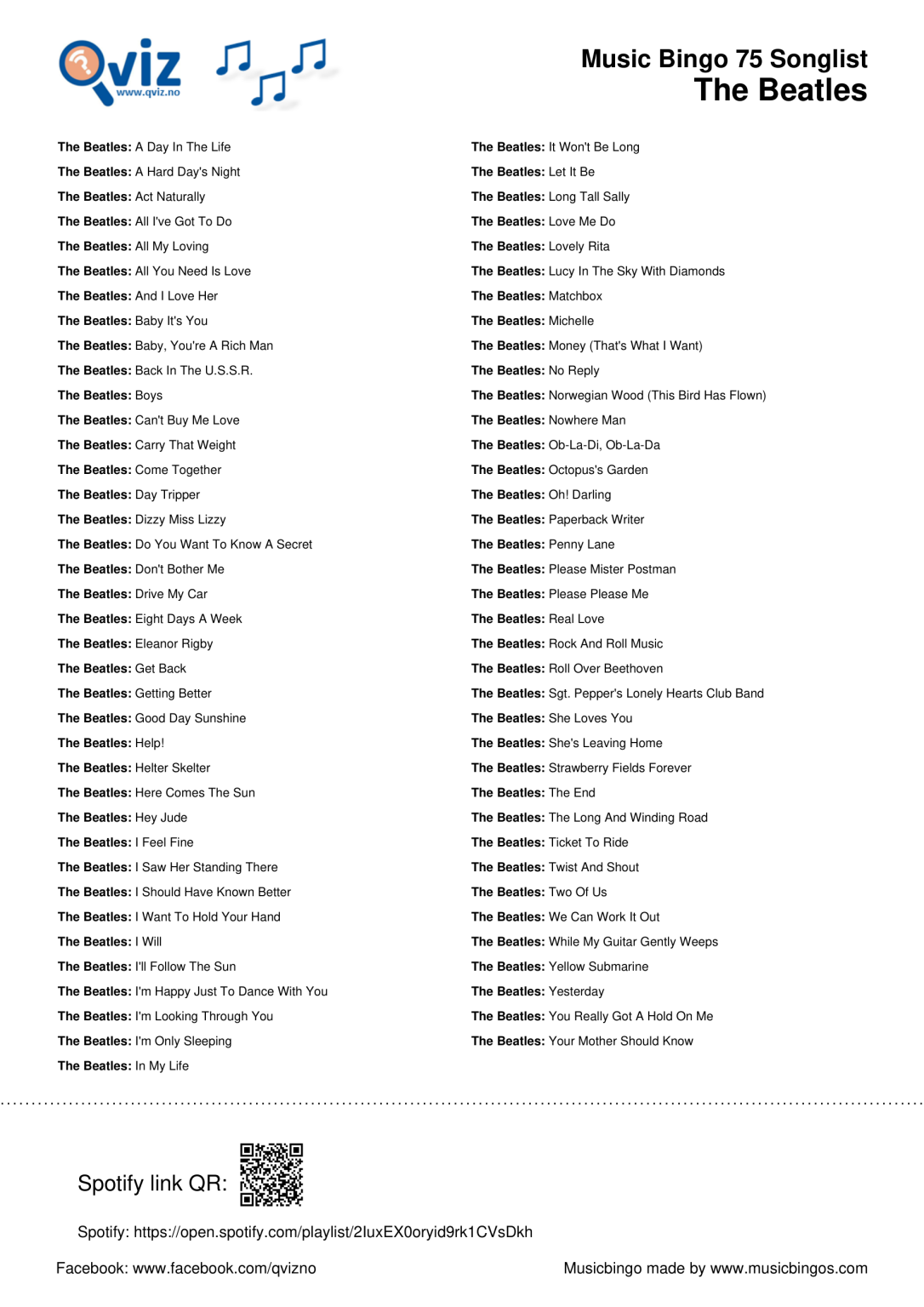 The Beatles - Music Bingo 75 - Qviz Musicbingos