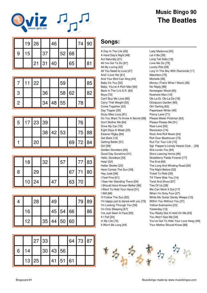 The Beatles - Music Bingo 90 - Qviz Musicbingos