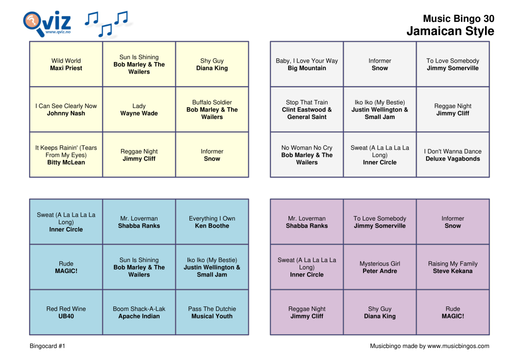 Jamaican Style - Music Bingo 30 - Qviz Musicbingos