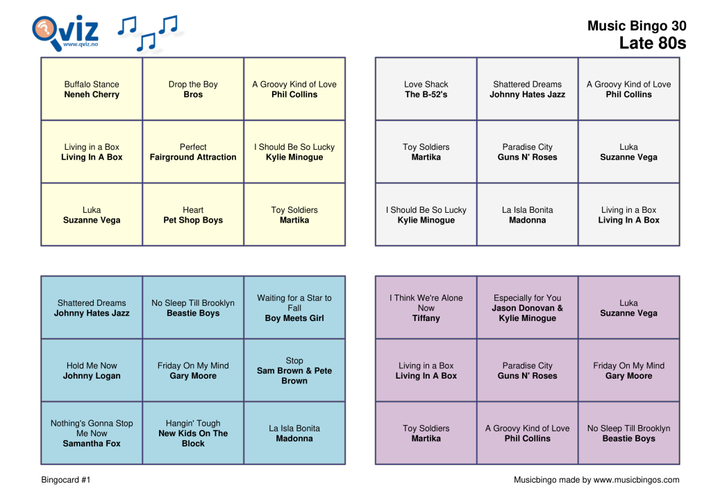 Late 80s - Music Bingo 30 - Qviz Musicbingos