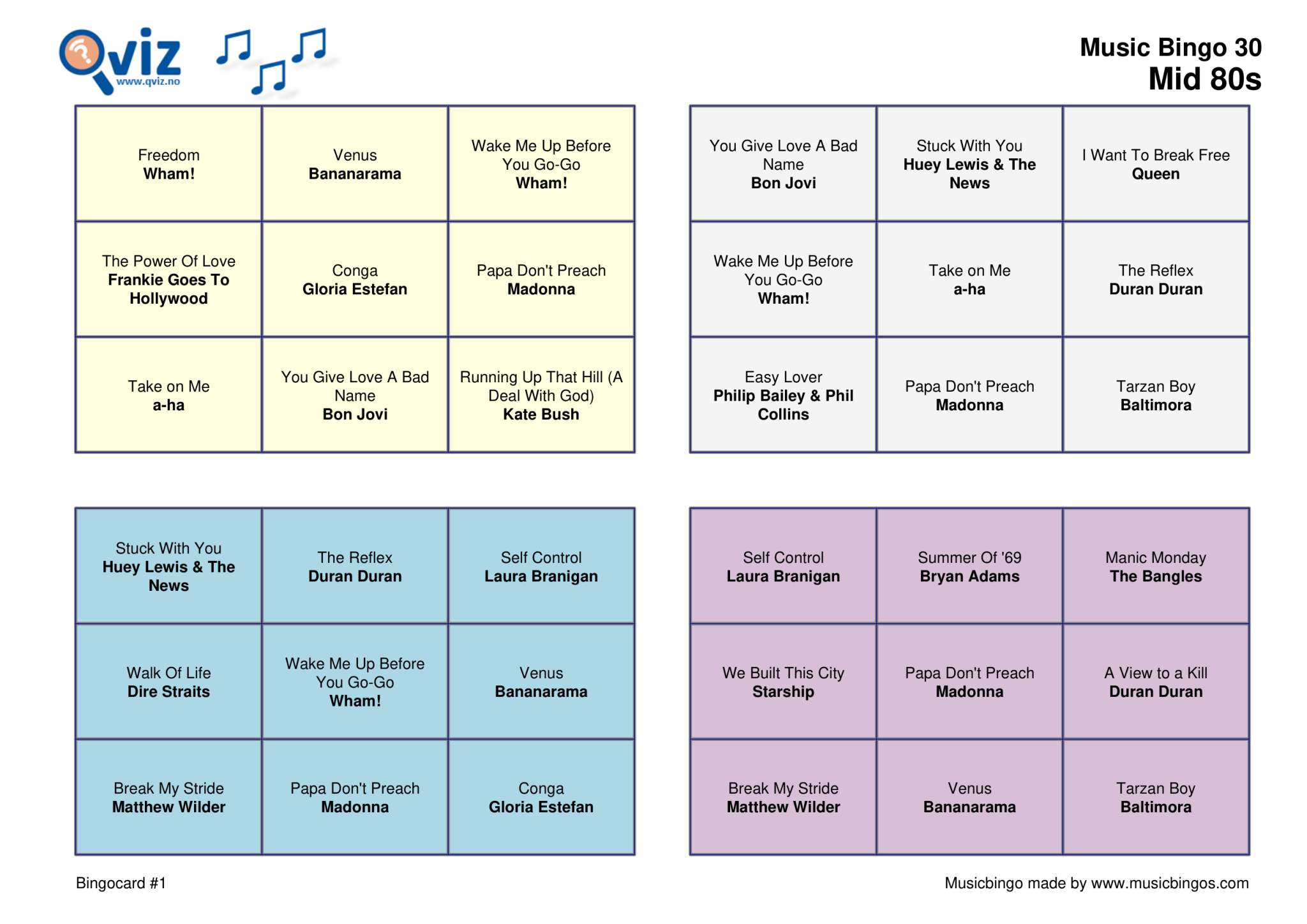 Mid 80s - Music Bingo 30 - Qviz Musicbingos