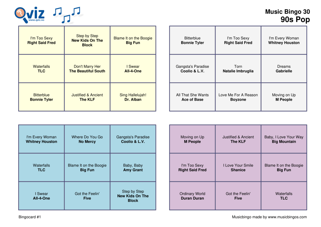 90s Pop - Music Bingo 30 - Qviz Musicbingos