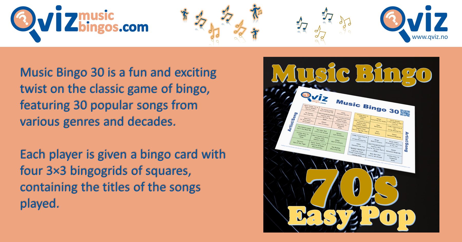 70s Easy Pop - Music Bingo 30 - Qviz Musicbingos