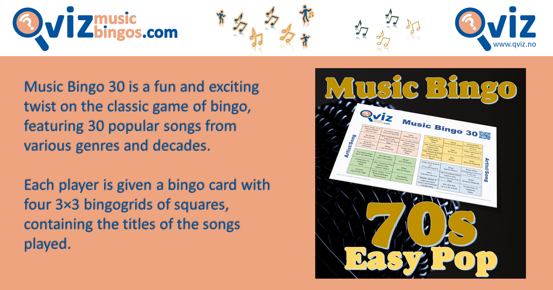 70s Easy Pop Music bingo 30 (100 bingo cards) - Qviz Musicbingos