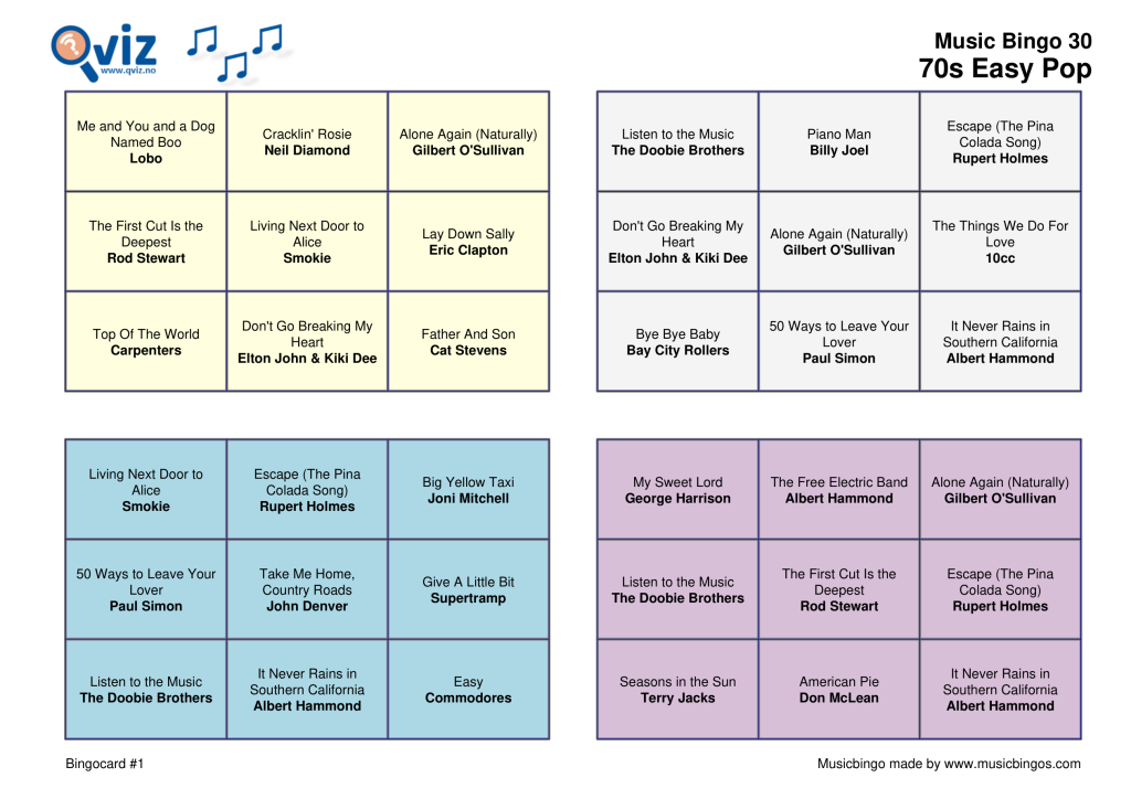 70s Easy Pop - Music Bingo 30 - Qviz Musicbingos