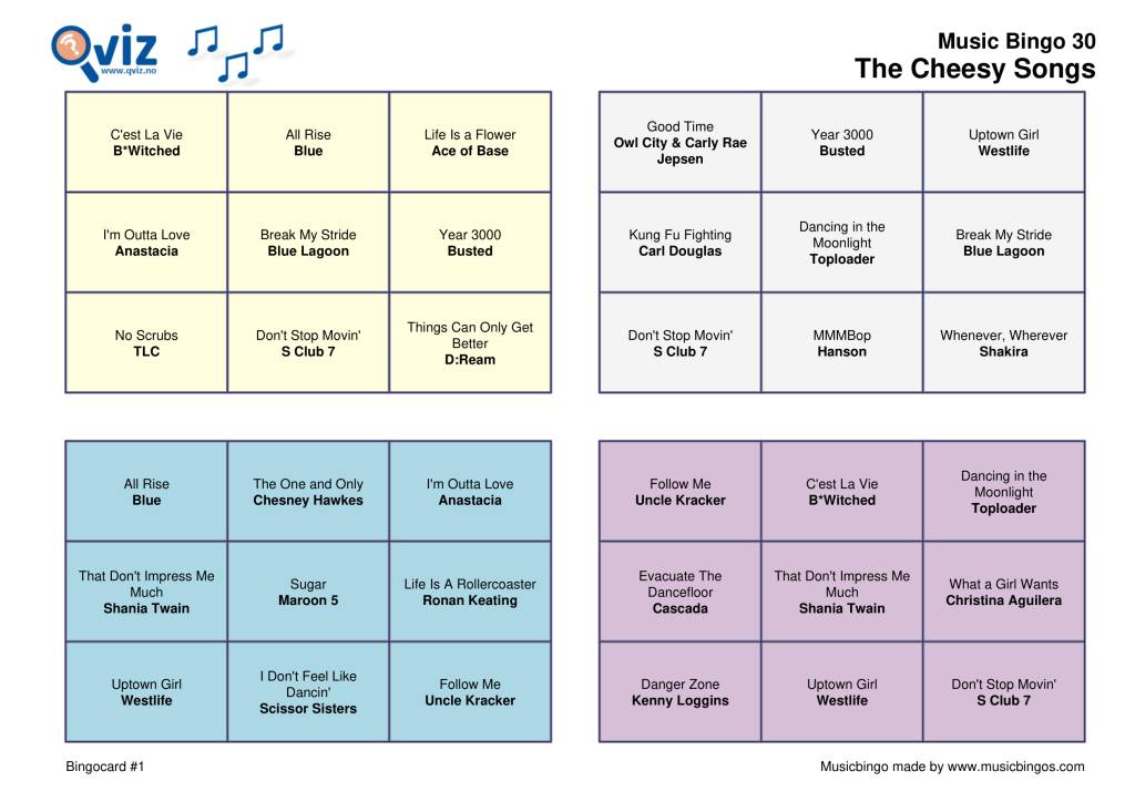 The Cheesy Songs - Music Bingo 30 - Qviz Musicbingos
