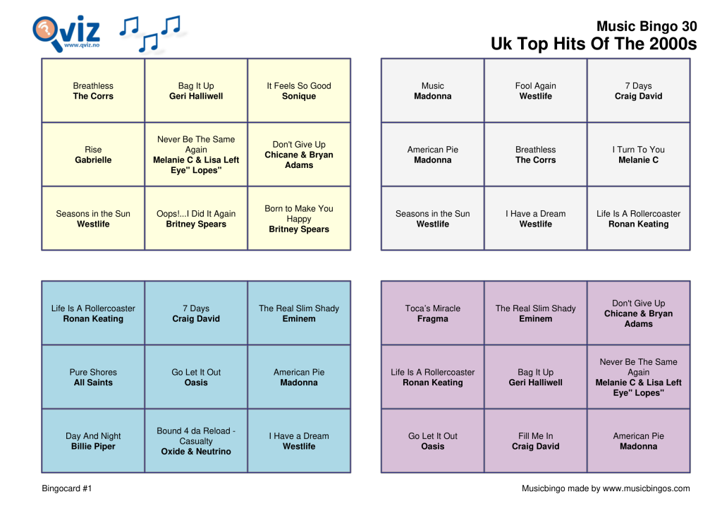 UK Top Hits of the 2000s - Music Bingo 30 - Qviz Musicbingos