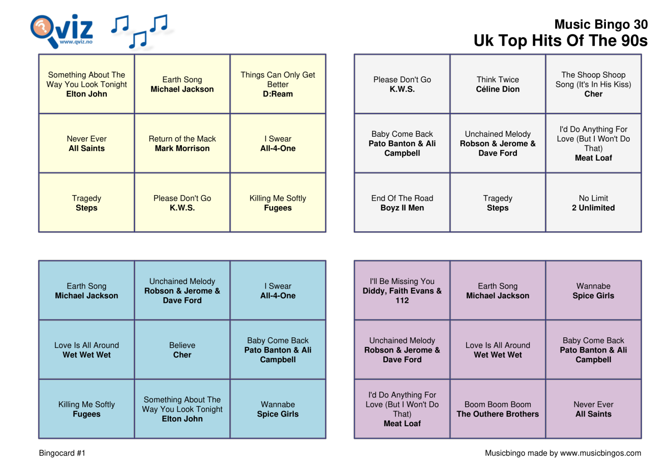 UK Top Hits of the 90s - Music Bingo 30 - Qviz Musicbingos