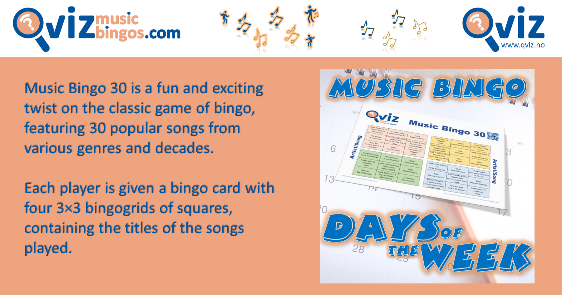 Days of the Week Music bingo 30 (100 bingo cards) - Qviz Musicbingos