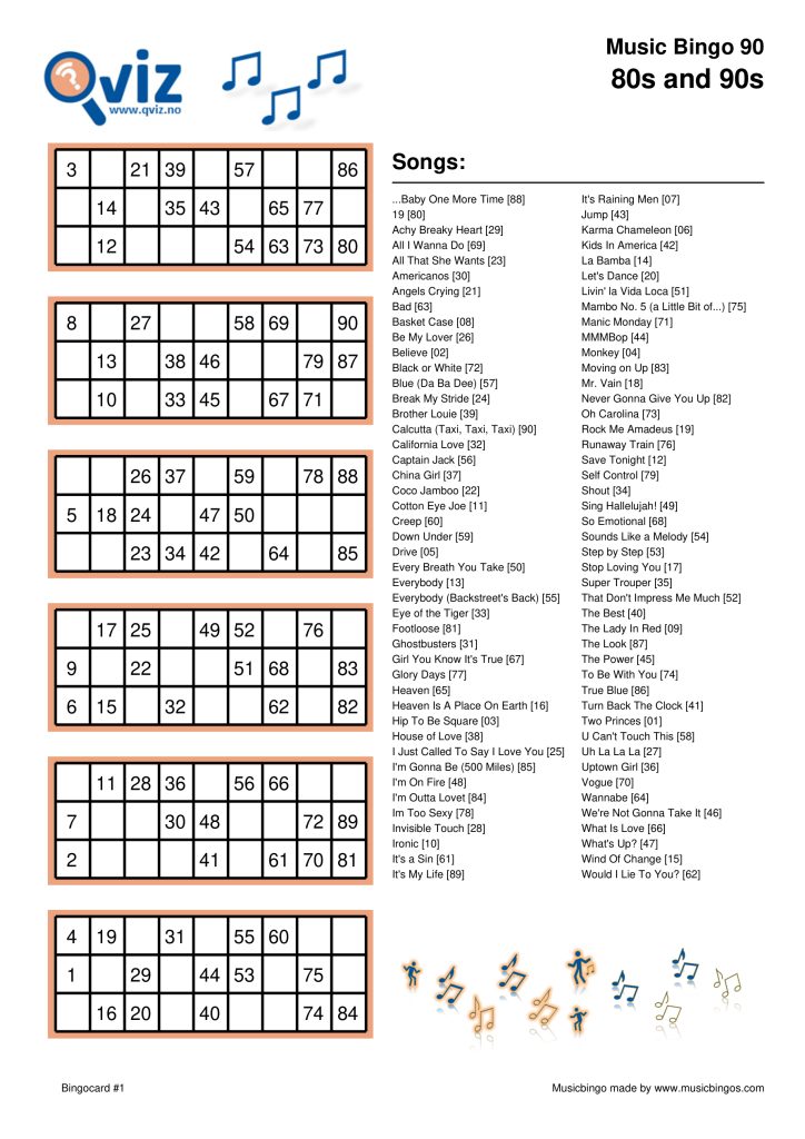 80s and 90s - Music Bingo 90 - Qviz Musicbingos