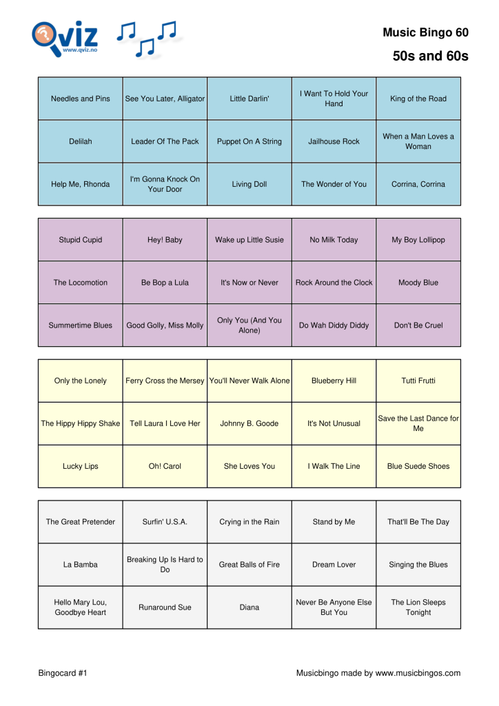 50s and 60s - Music Bingo 60 - Qviz Musicbingos