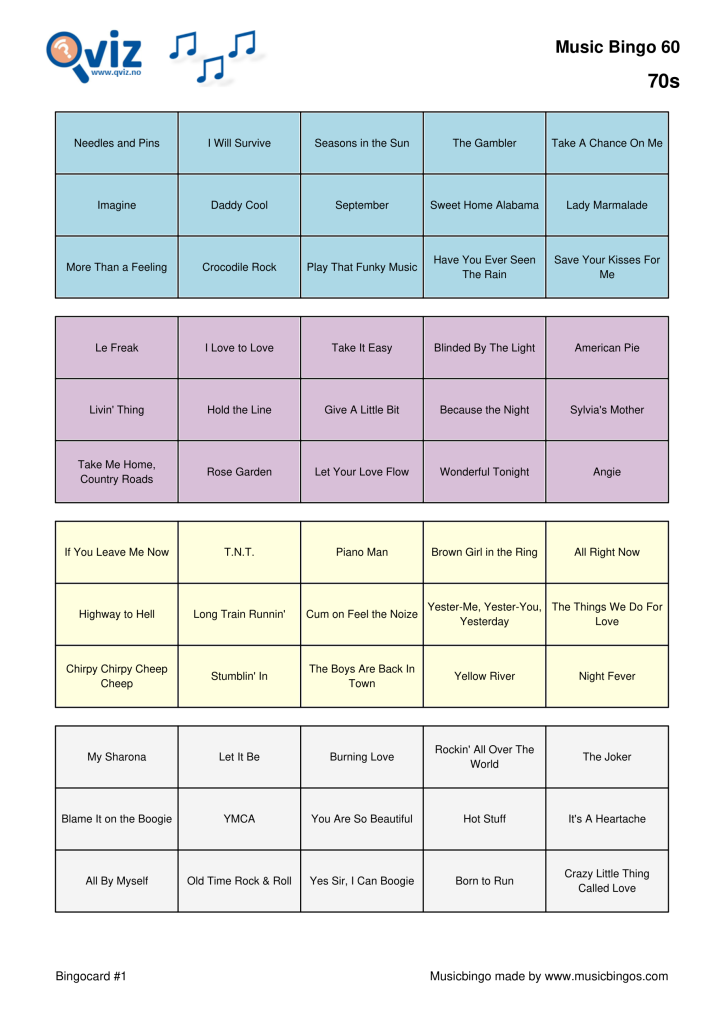 70s - Music Bingo 60 - Qviz Musicbingos