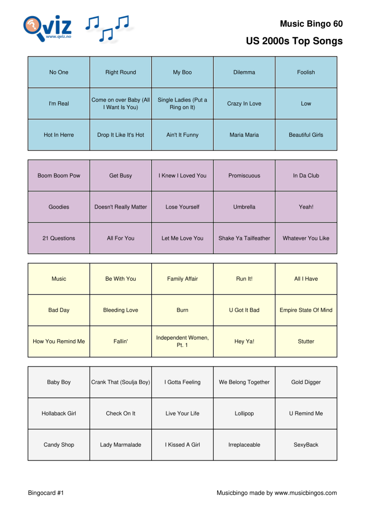 US 2000s Top Songs - Music Bingo 60 - Qviz Musicbingos