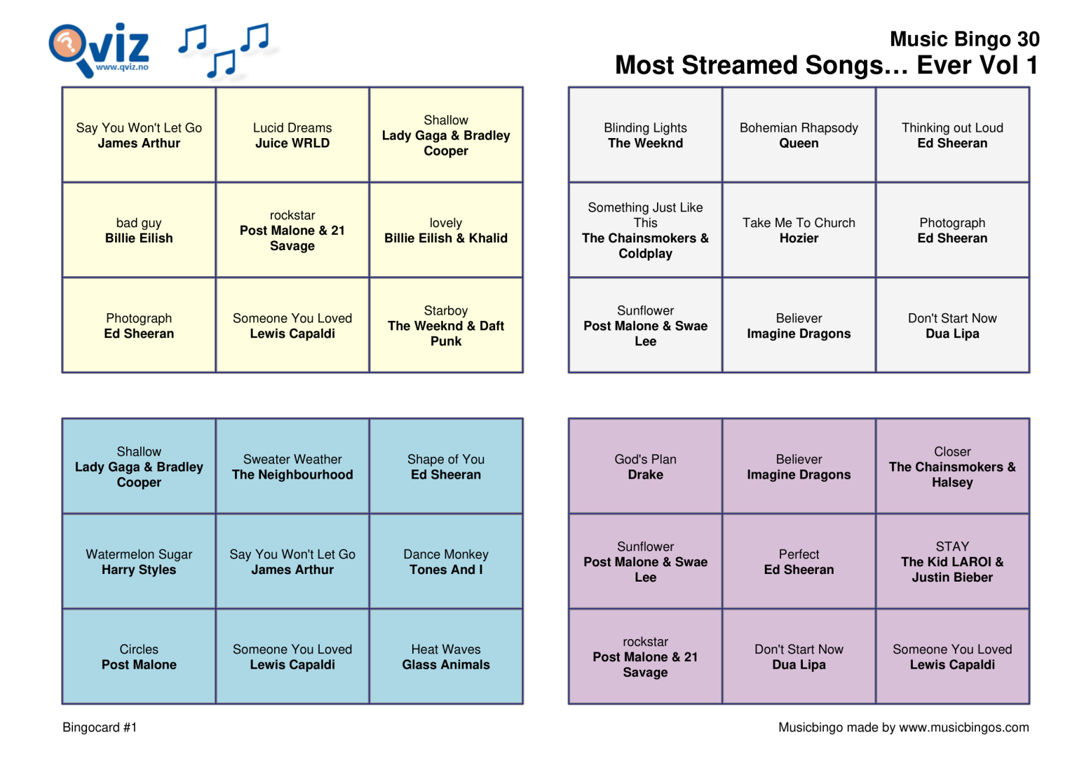 Most Streamed Songs Ever... - Music Bingo Pack - Qviz Musicbingos