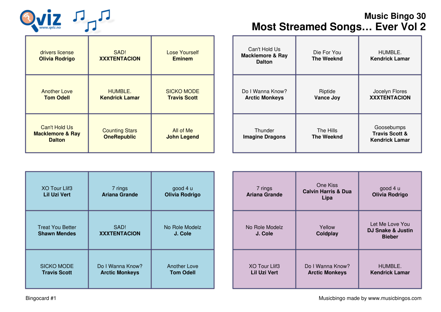 Most Streamed Songs Ever... - Music Bingo Pack - Qviz Musicbingos