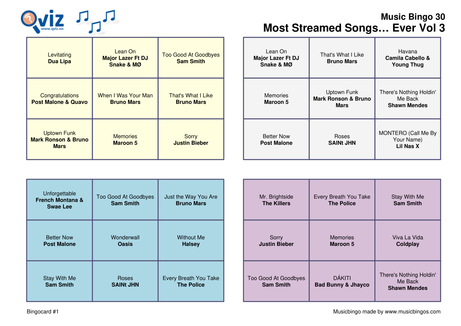 Most Streamed Songs Ever... - Music Bingo Pack - Qviz Musicbingos