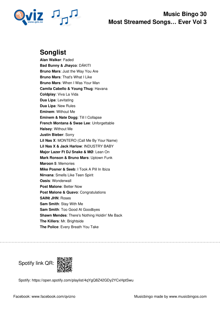 Most Streamed Songs Ever... - Music Bingo Pack - Qviz Musicbingos