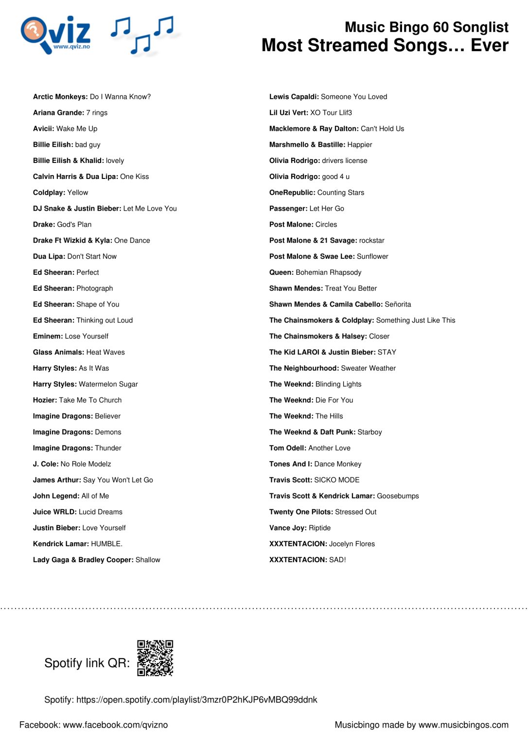 Most Streamed Songs Ever... - Music Bingo Pack - Qviz Musicbingos