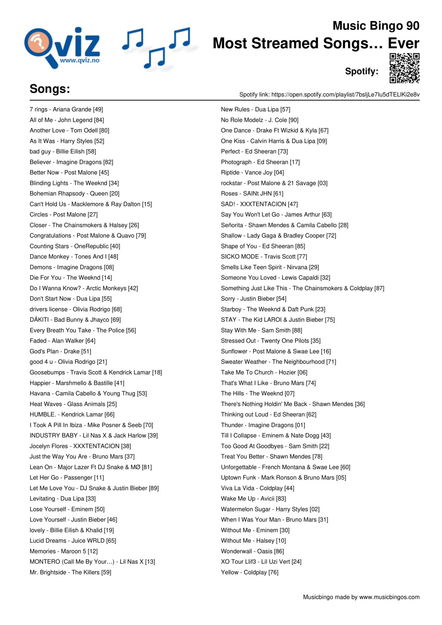 Most Streamed Songs Ever... - Music Bingo Pack - Qviz Musicbingos